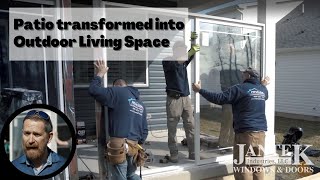 Enclosing a porch using sliding glass patio doors and transom windows.