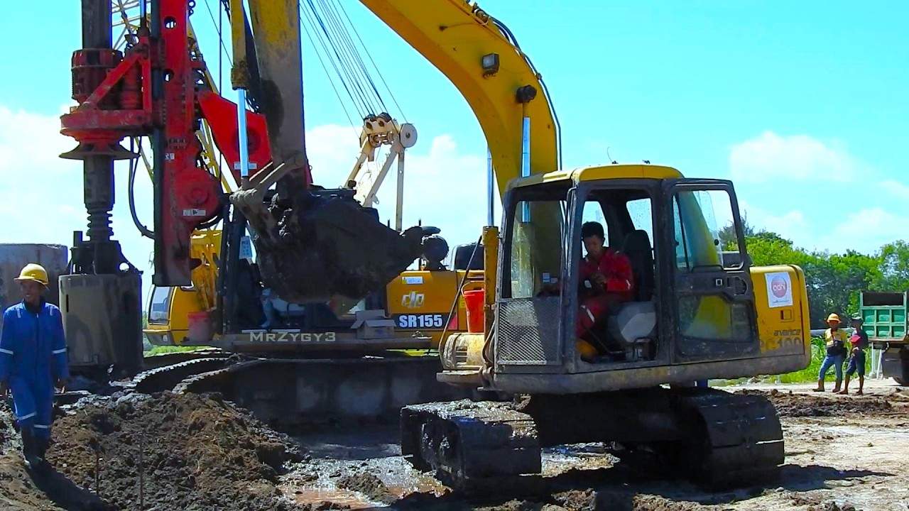 Deep Foundation Digging Excavator Cranes Drilling Rig Working On The ...