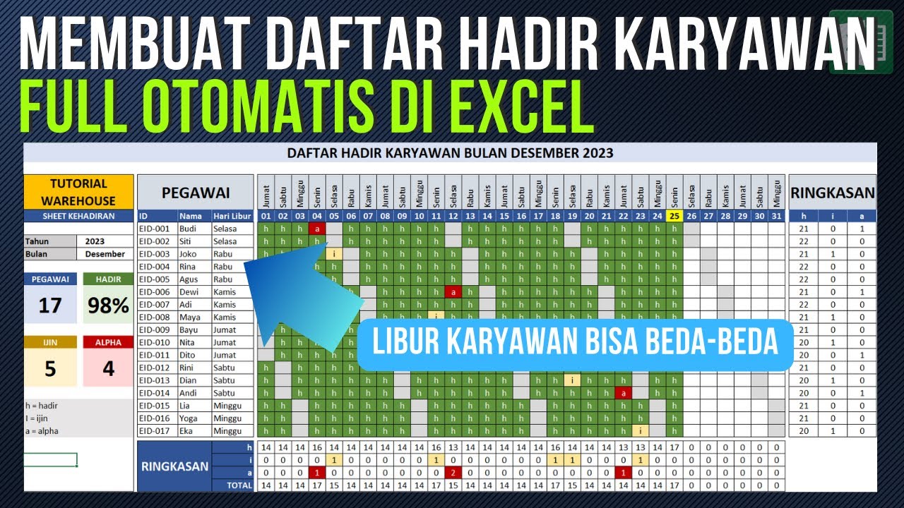 Terbaru! Membuat Daftar Hadir Karyawan Full Otomatis di Excel | Free ...