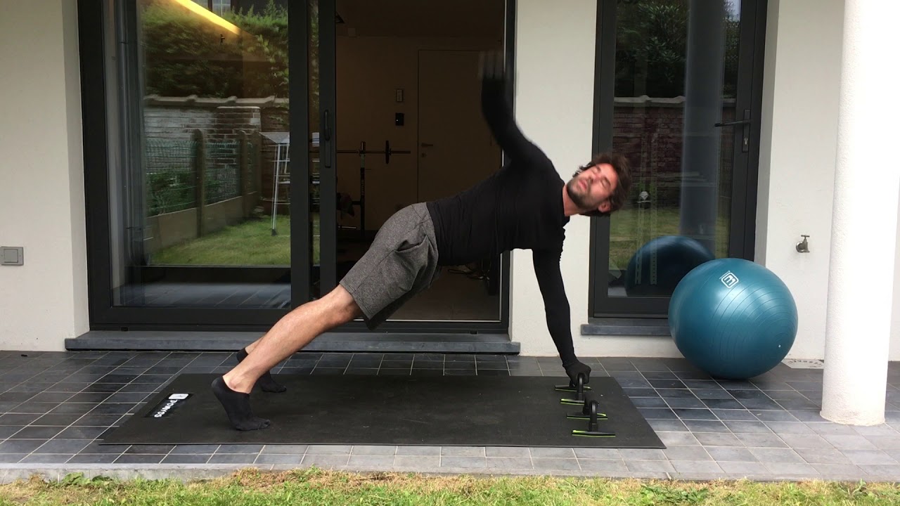 Plank on push up grips, shoulder opener twist - YouTube