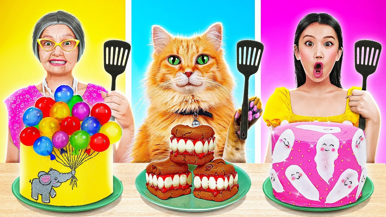 NEW 123 GO! Me vs Granny vs Cat Cake Decorating Challenge! Awesome ...
