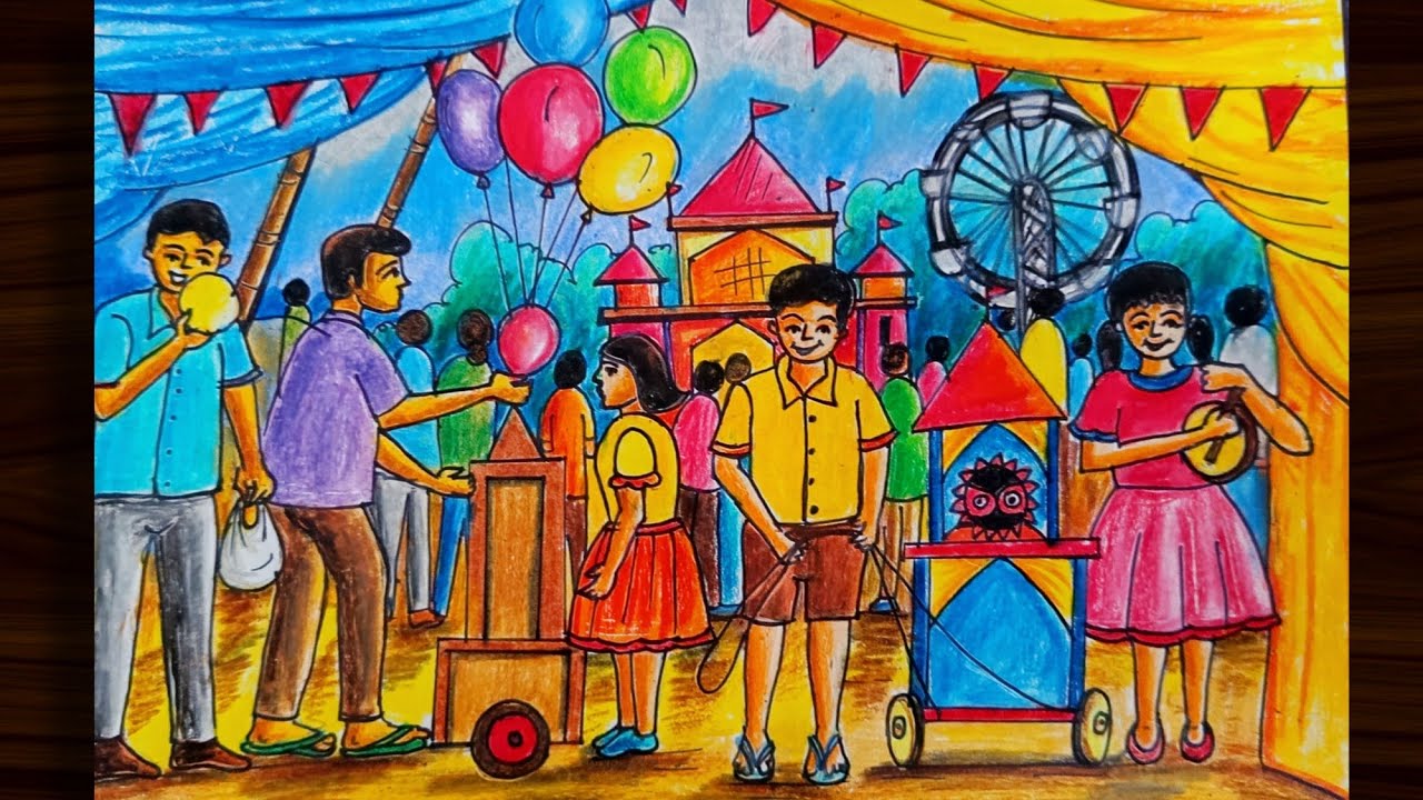 How to Draw scenery of Rath yatra/ How to draw a fair scenery step by ...