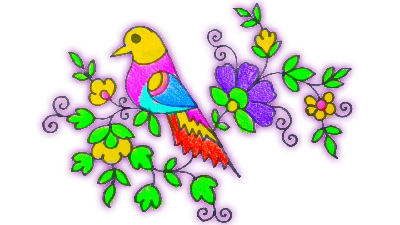 How To Draw A Birds With Flower Drawing | Pencil Shading | Embroidery ...