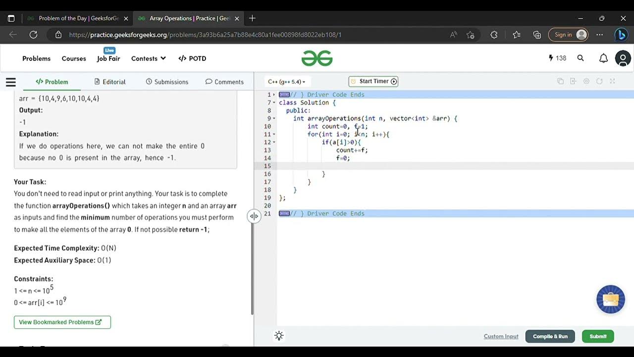 Array Operations Gfg Problem Of The Day 12 May 2023 C Hindi Youtube