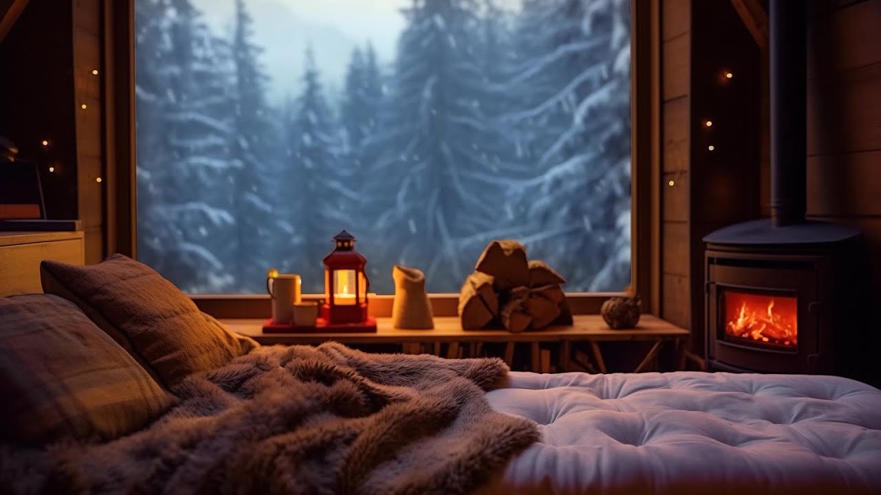 Winter Retreat: Cozy and Warm Room with Crackling Fire and Snowfall ...
