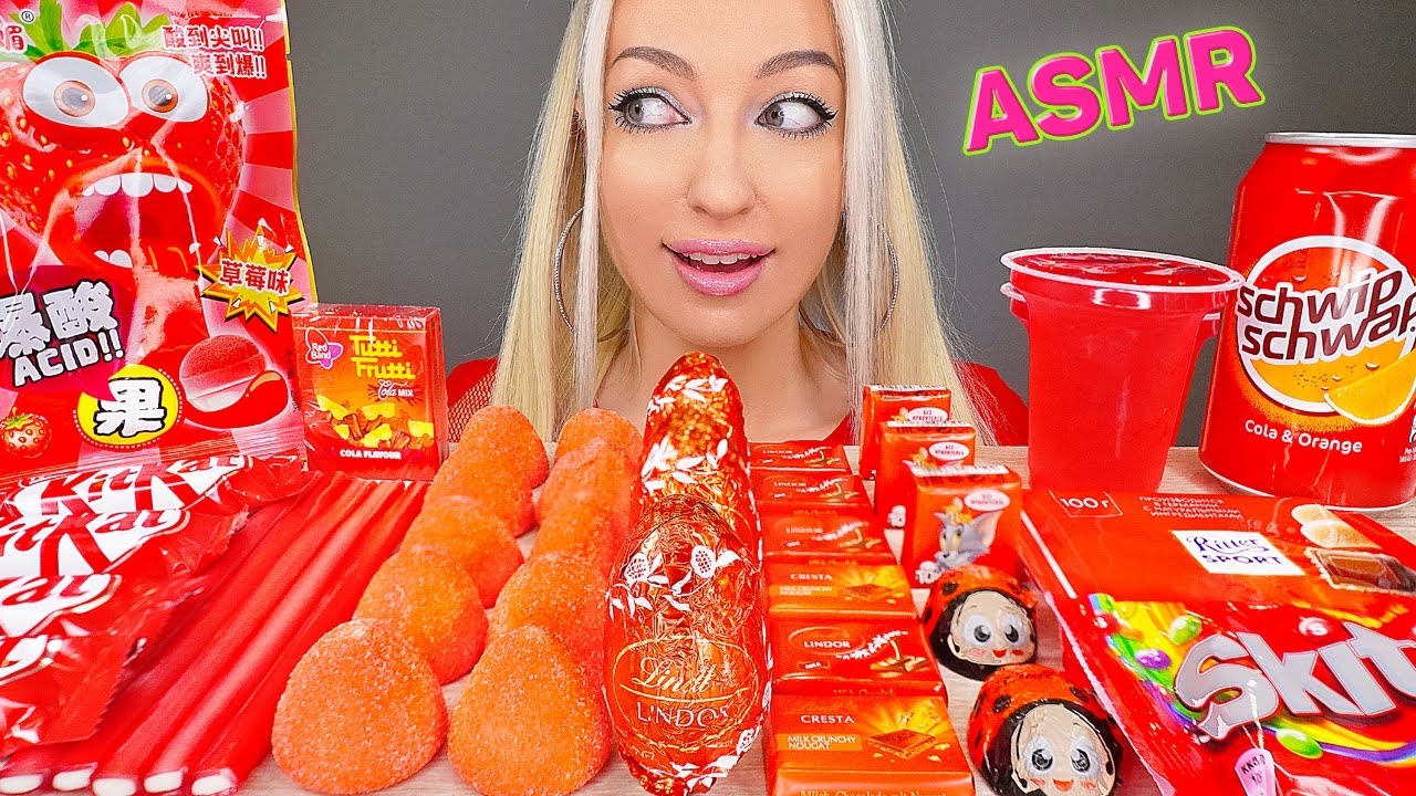 ASMR EATING RED FOOD, CHOCOLATE, CANDY, JELLY, LINDT, KITKAT, 컬러 먹방 ...