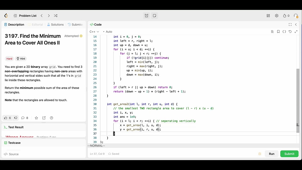 3197. Find the Minimum Area to Cover All Ones II (Leetcode hard) - YouTube