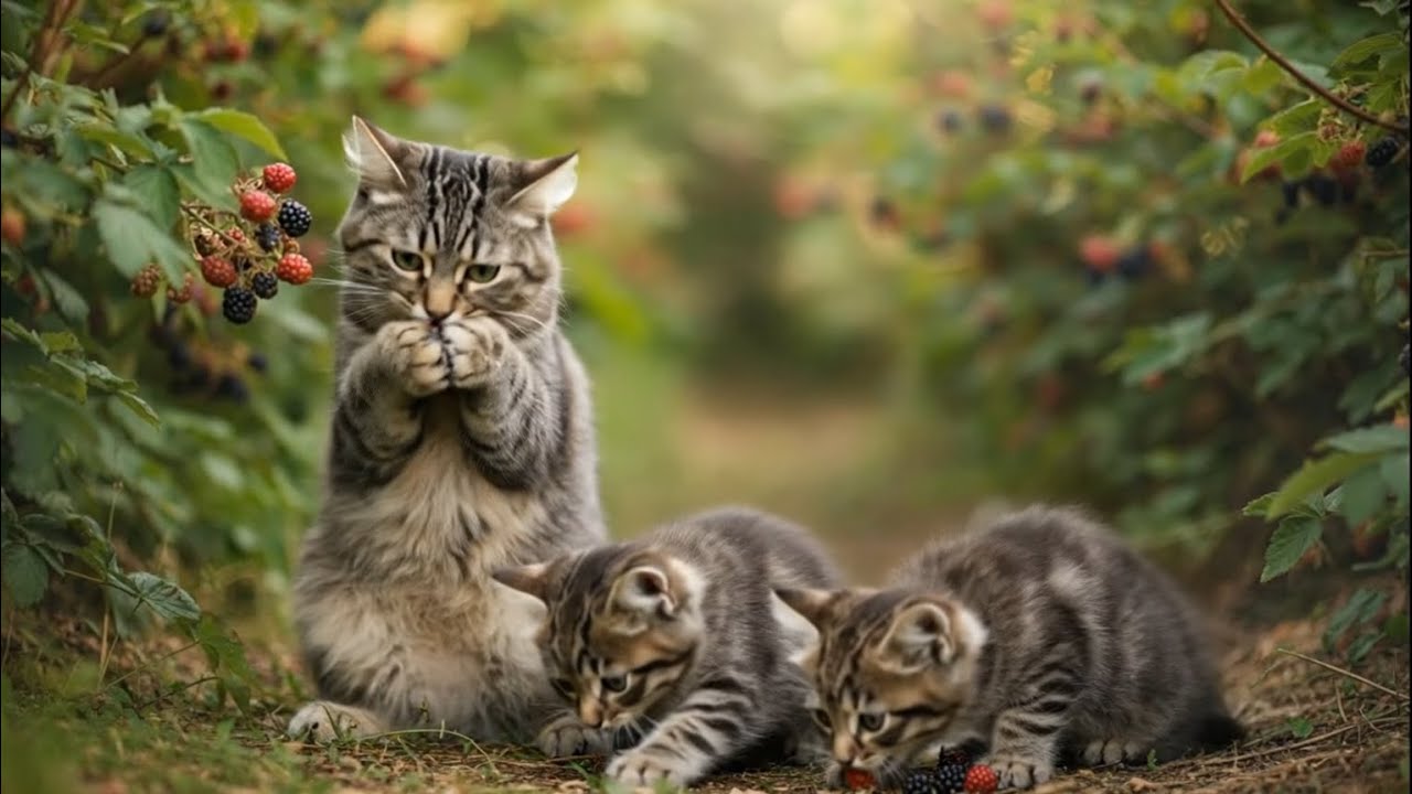Mom & Kitten Pick Raspberries for Cake – Cute AI Cat Meme Cat Story ...