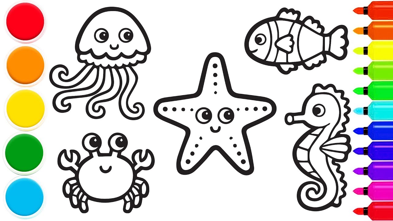 How to draw sea creatures a fish, starfish, crab, seahorse, jellyfish ...