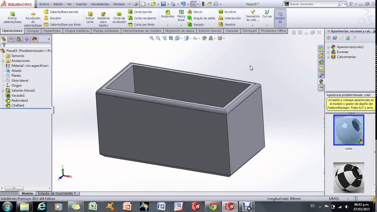SOLIDWORKS TUTORIAL BASICO 14 VACIADO/REDONDEO/CHAFLAN/MATRIZ LINEAL ...