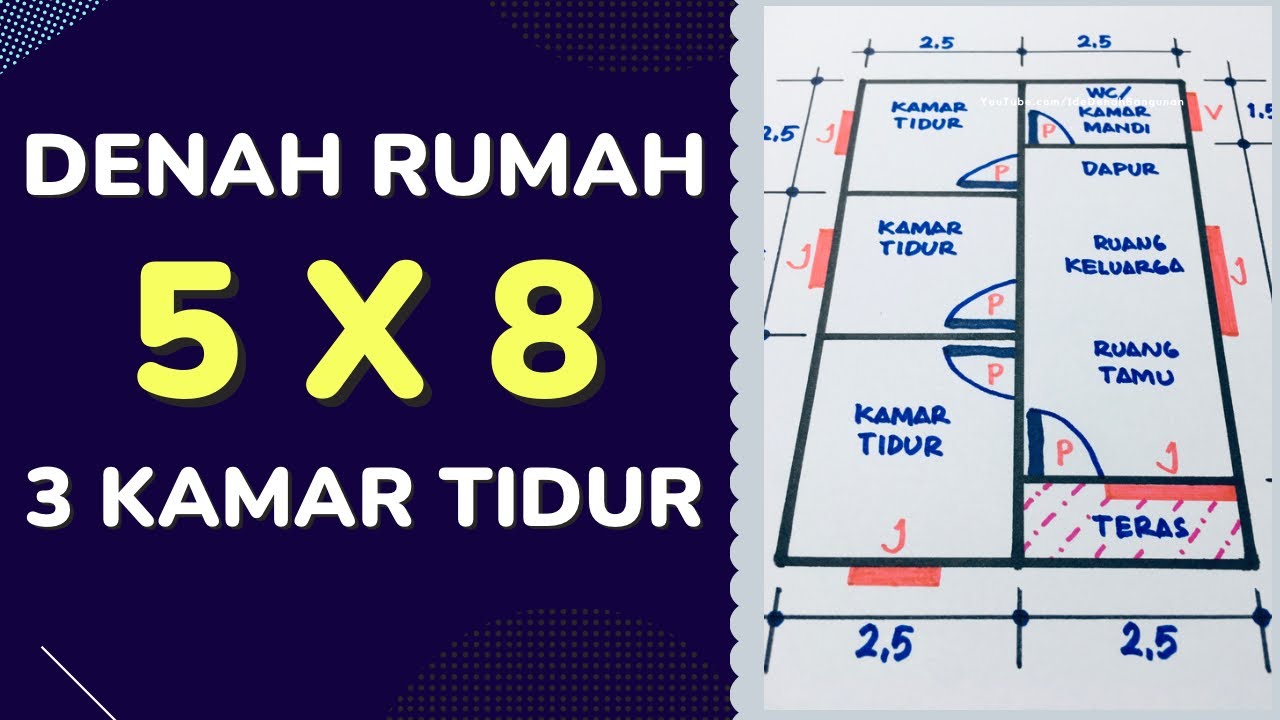 Denah Rumah 5x8 Meter 3 Kamar Tidur - YouTube