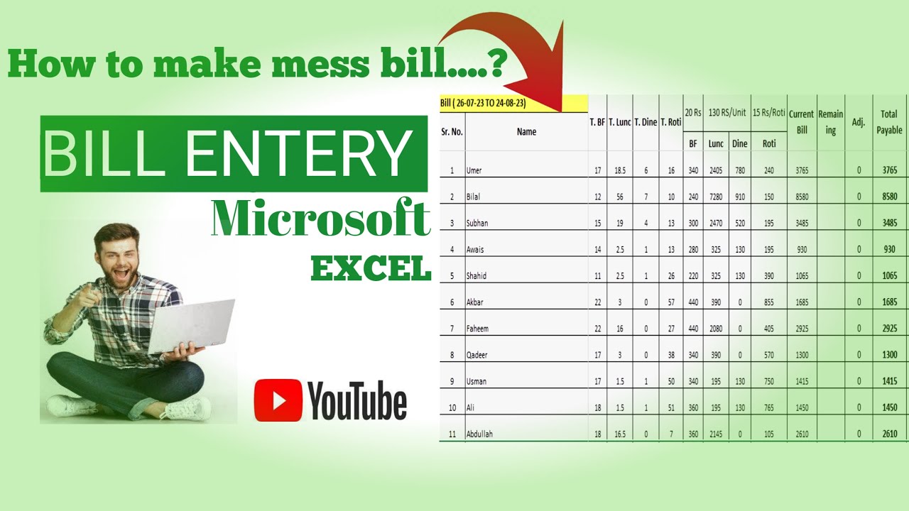 Mess Bill | mess bill format | mess bill kaise banaye | How to Entre ...