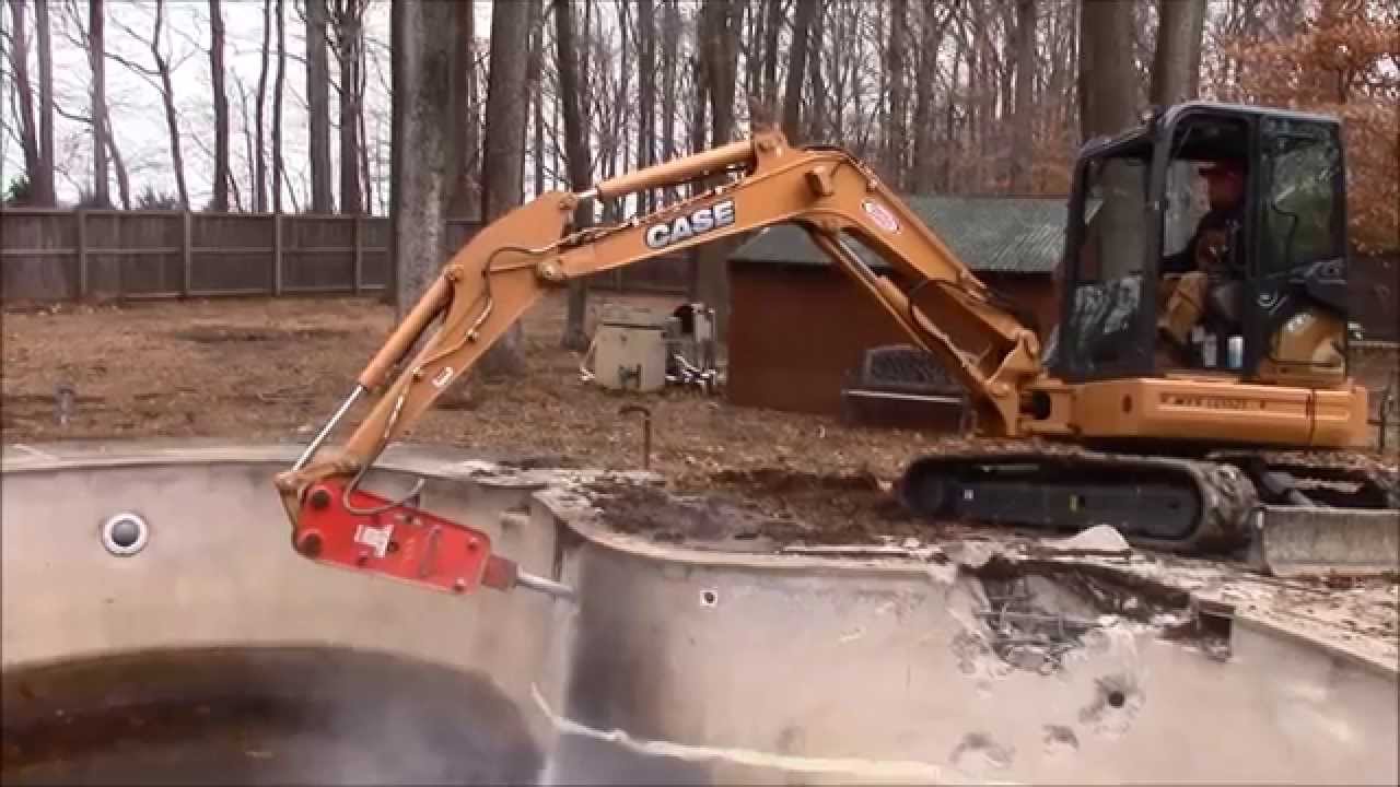 Van Dine Pool Demolition using a Rockblaster Hydraulic Hammer - YouTube
