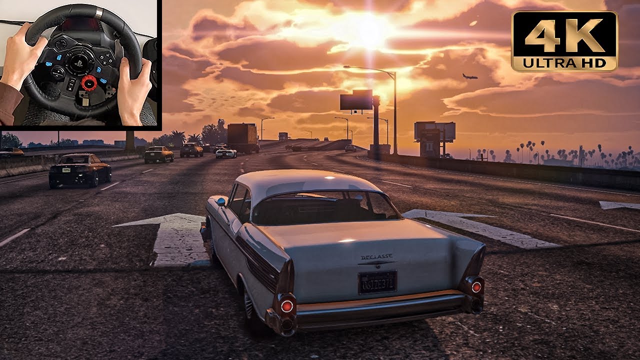 MOST BEAUTIFUL SUNSET in GTA 5 | Classic car ride | Logitech G29 ...