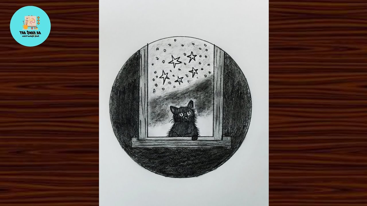 How to draw cat sitting in window||Cat in window step by step||Easy ...