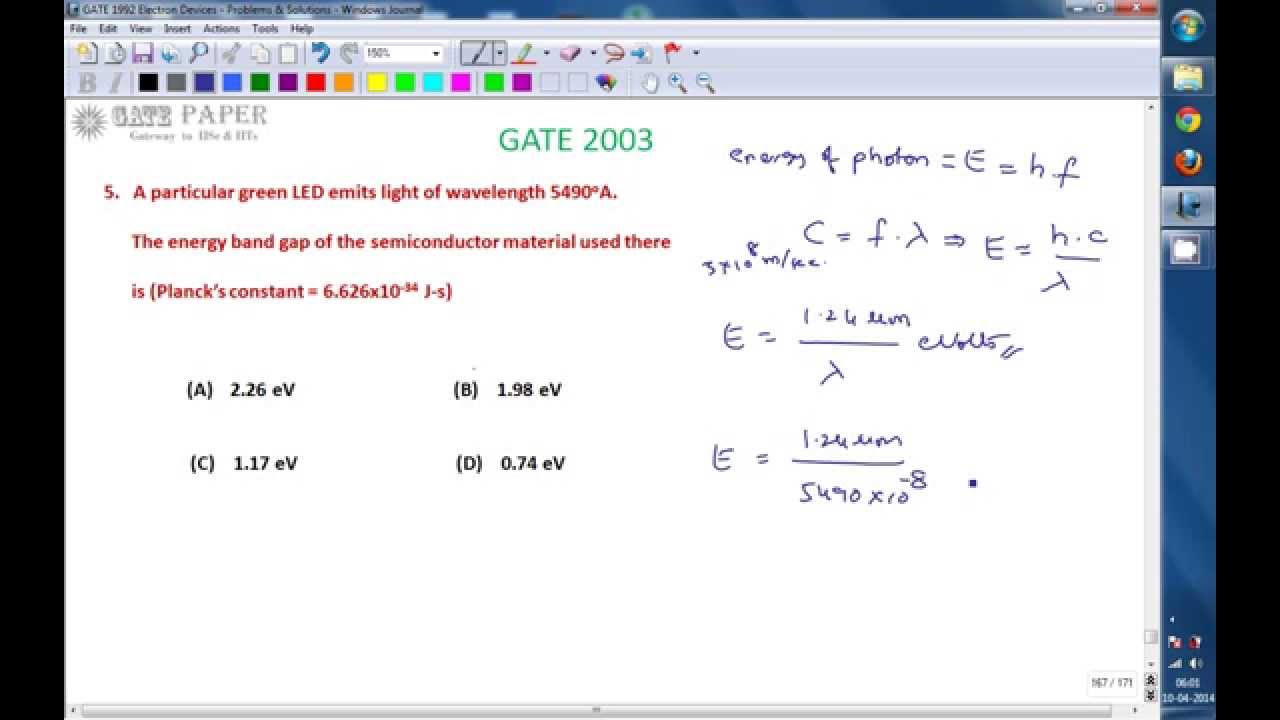 GATE 2003 ECE Energy bandgap of semiconductor material emitting green light - YouTube