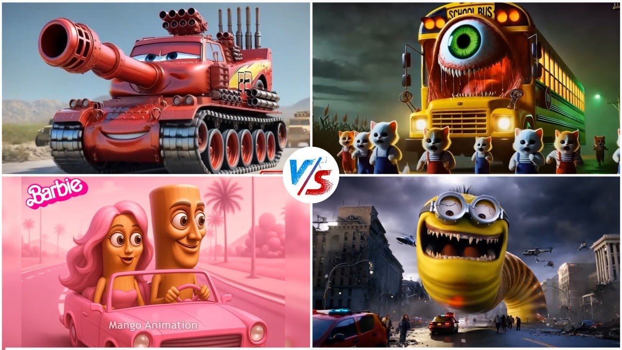 SCHOOL BUS MONSTER 🆚 PINK BRAINROT BARBIE 🆚 MINION SNAKE | Spining ...