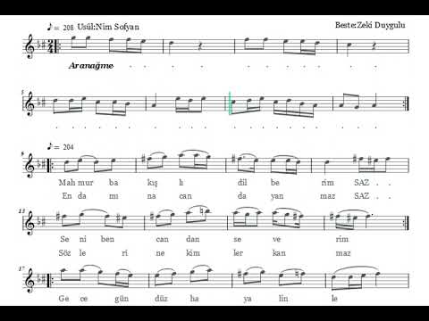 Mahmur Bakışlı Dilberim - Nota Eşliğinde Karaoke (Ahenk: Kız Neyi - 4 Ses - B)