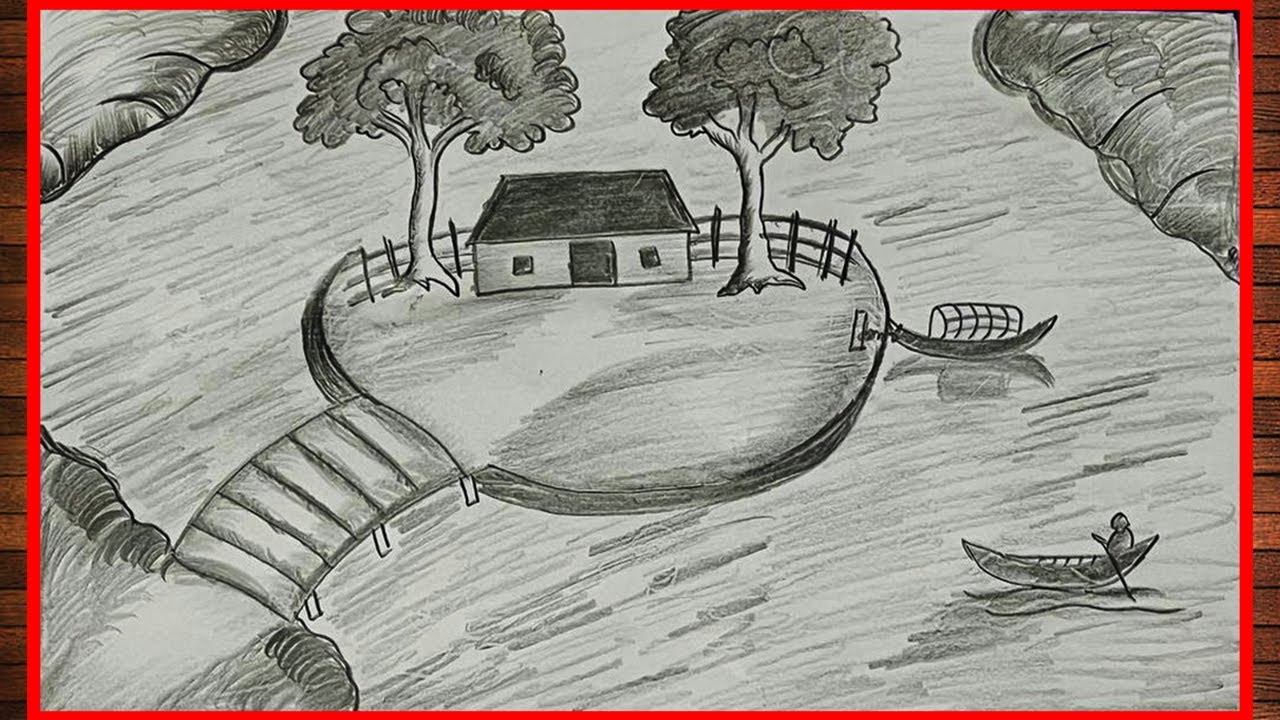 How to draw a riverside village landscape drawing easy | Gramer Drisso ...