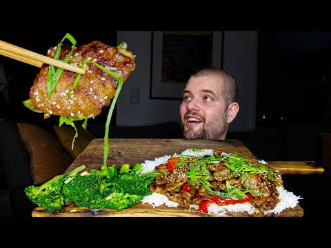 Mongolian Beef, Steamed Garlic Broccoli & Rice ASMR MUKBANG