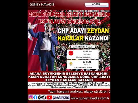 ADANA BÜYÜKŞEHİR BELEDİYE BAŞKANLIĞINI KESİN OLMAYAN SONUÇLARA GÖRE,CHP ADAYI ZEYDAN KARALAR KAZANDI