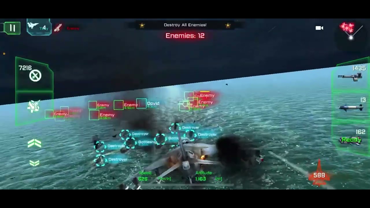 Fighter jet dangerous damage attack on enemy aircraft base with gunfire ...