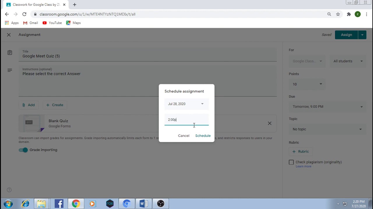 Google Classroom- scheduled quiz and set due date - YouTube