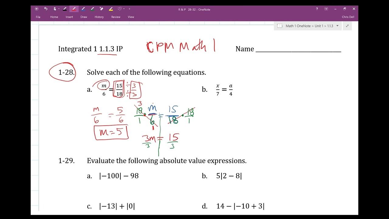 CPM Math 1 Section 1.1.3 #1-28 (Solving equations with fractions) - YouTube