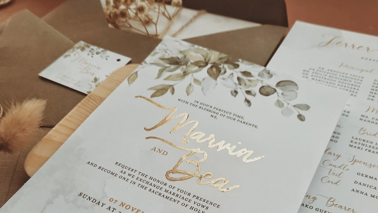 marvin & bea | dusty blue, greenery, and gold wedding invites | AN ...