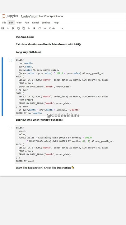 ⚡ SQL One-Liner: Calculate Month-over-Month Sales Growth with LAG() - YouTube