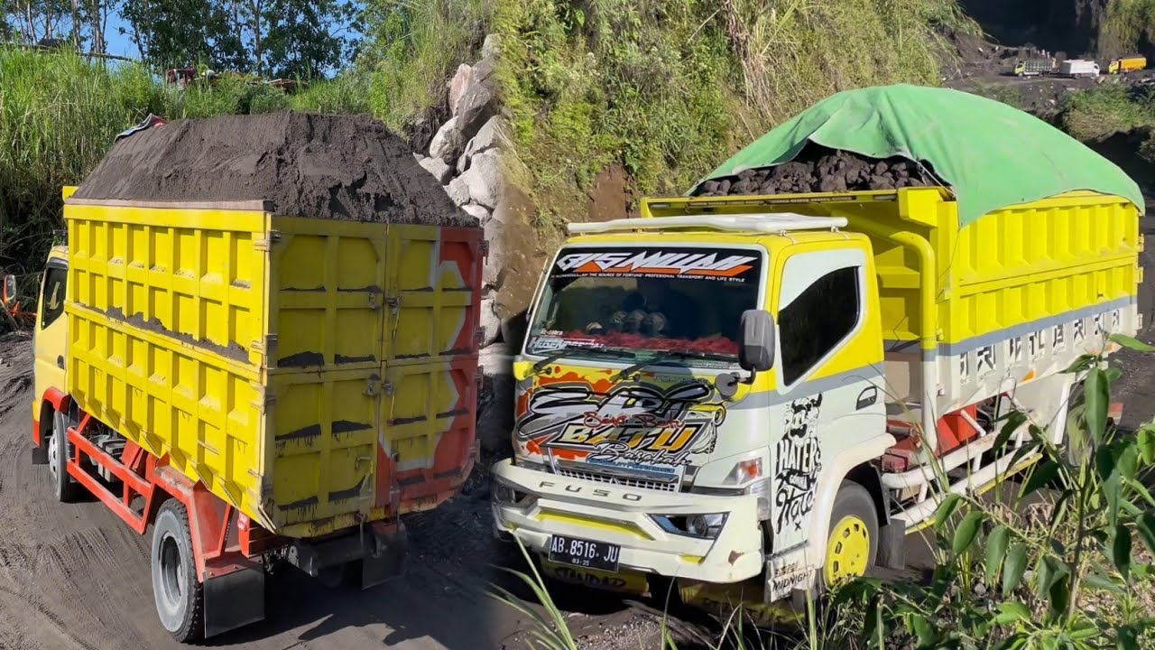 construction sand! Mitsubishi Canter dumptruck loaded with 23 tons of sand on uphill mining road ...