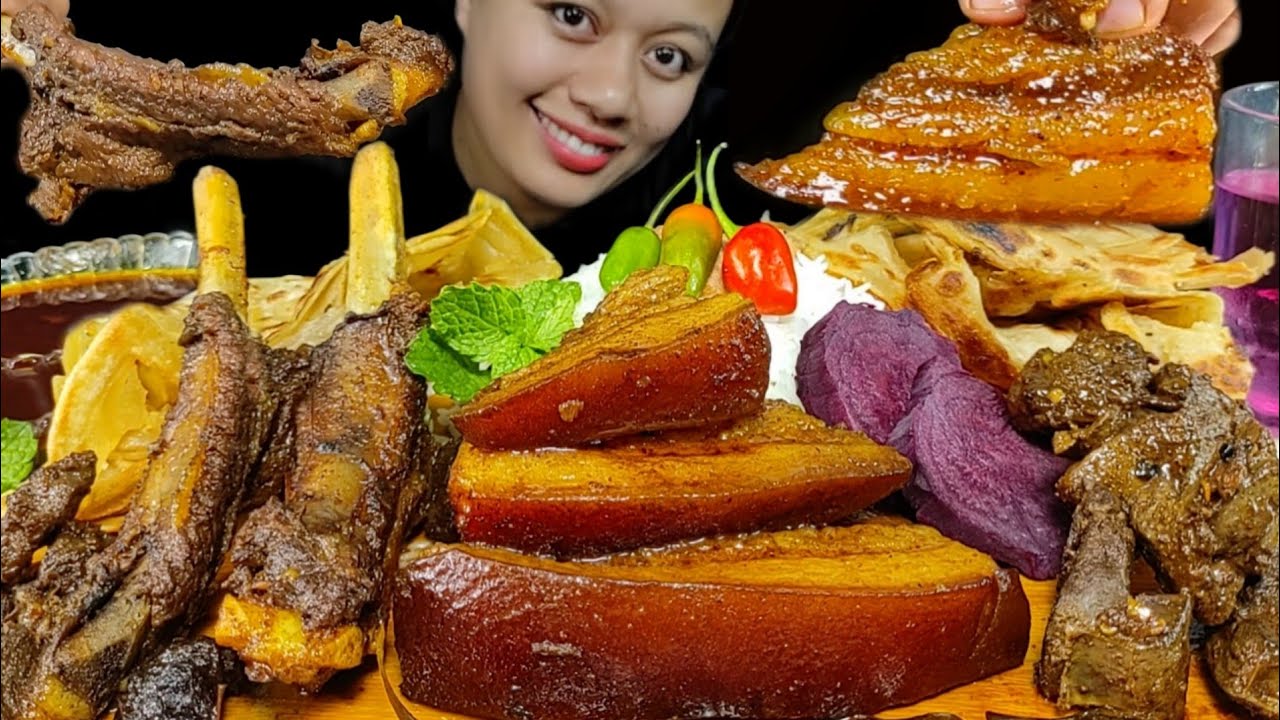 SPICY MUKBANG || BIG BRAISED PORK BELLY, PORK RIBS, LACHA PARATHA ...