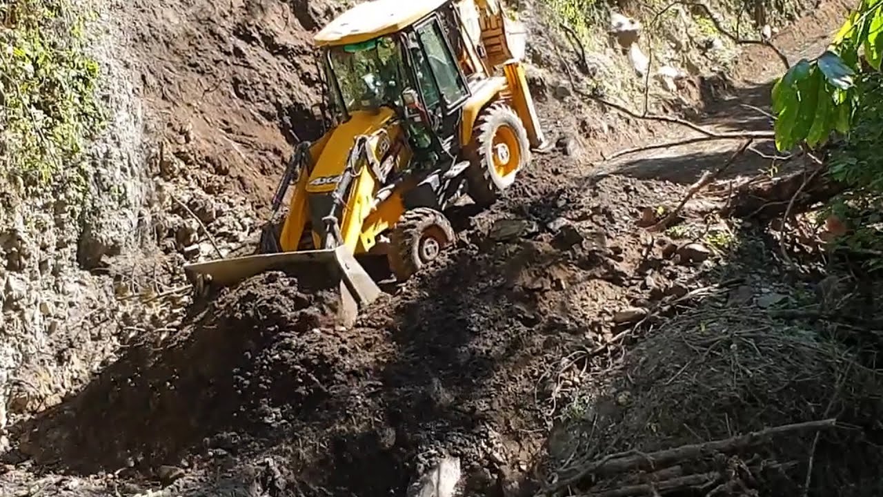 Hilly Riverside Road-JCB Backhoe-Clearing Landslide Blocked Road Dirt ...
