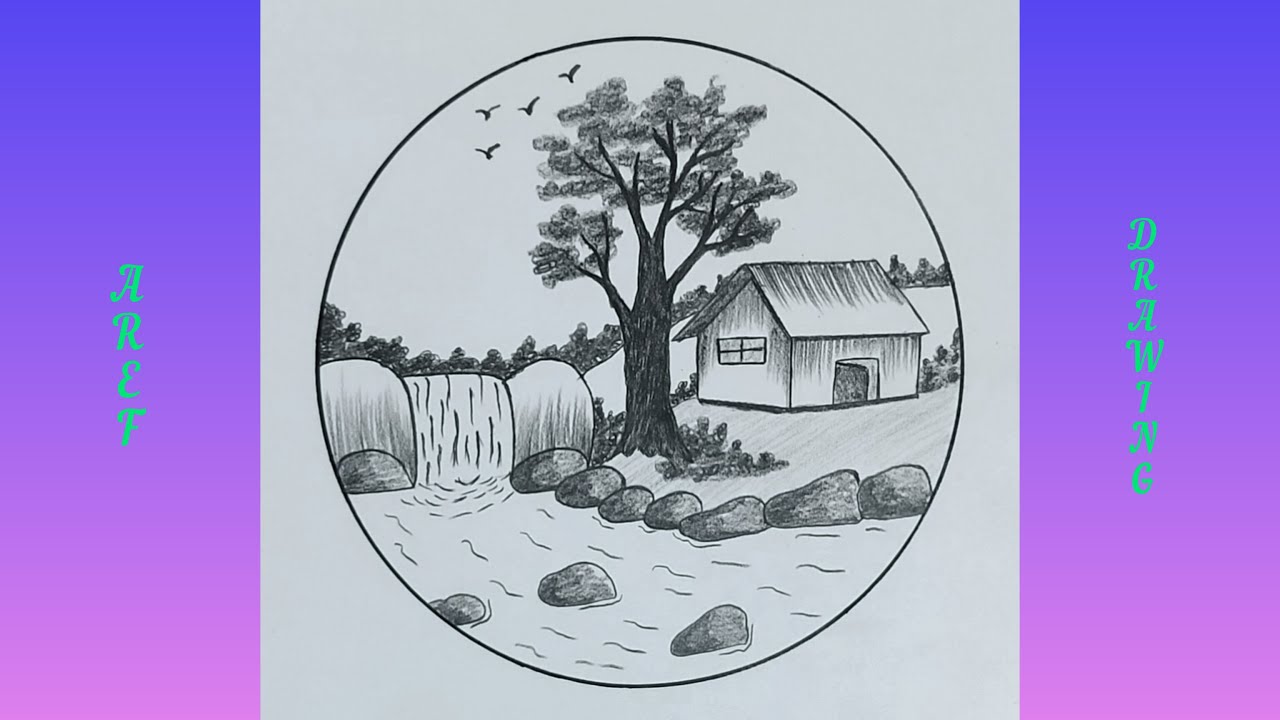 Beautiful Circle Scenery Drawing 😉Easy Circle Nature Drawing - YouTube