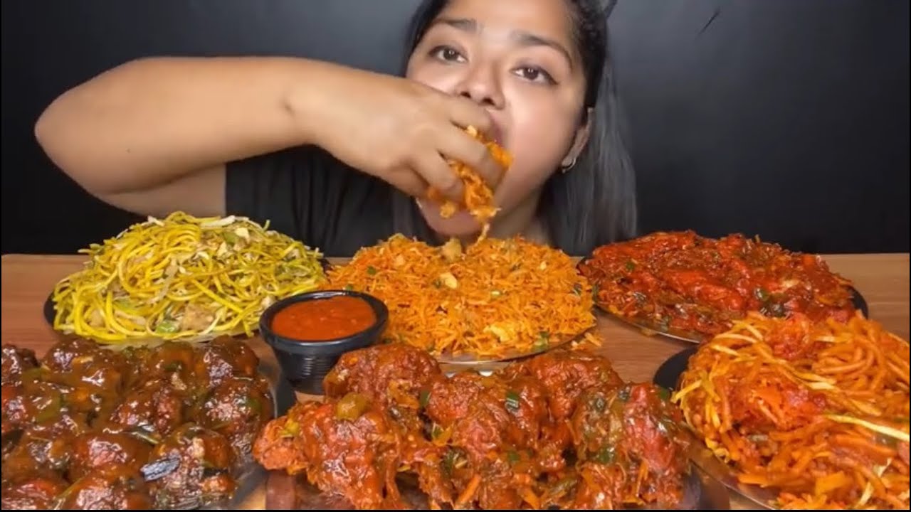 Maddy Eats ASMR fried Chinese chicken noodles meatballs egg rice ...