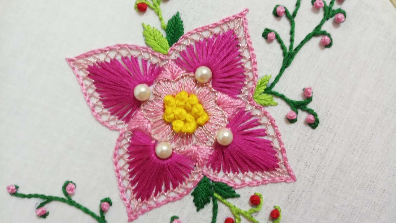 Hand embroidery of a beautiful flower motif - YouTube