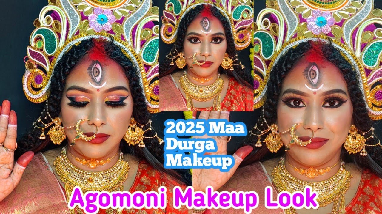 agomoni makeup | durga maa makeup look | maa durga 3rd eye makeup - YouTube