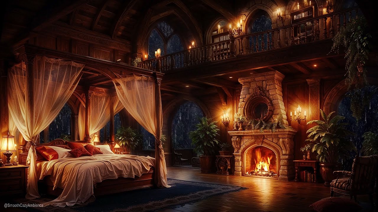 Nighttime Warm Cozy Castle Room With Rain & Thunder Sounds - YouTube