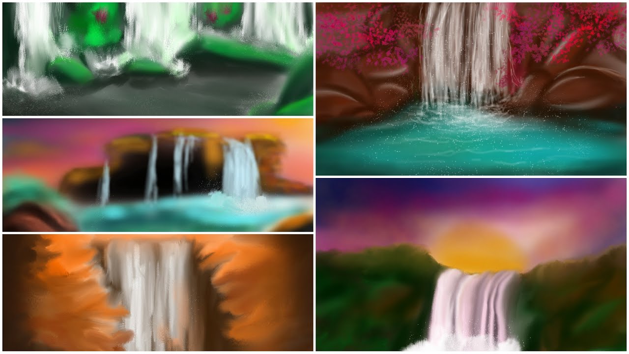 5 Waterfalls sketches in 5 minutes | Digital Speed Paint TIMELAPSE ...