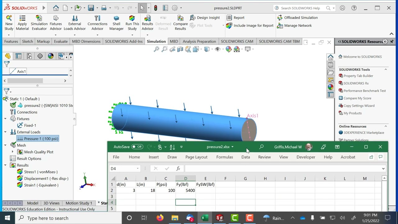 Solidworks FEA Simulation: How does the Pressure External Load Work ...