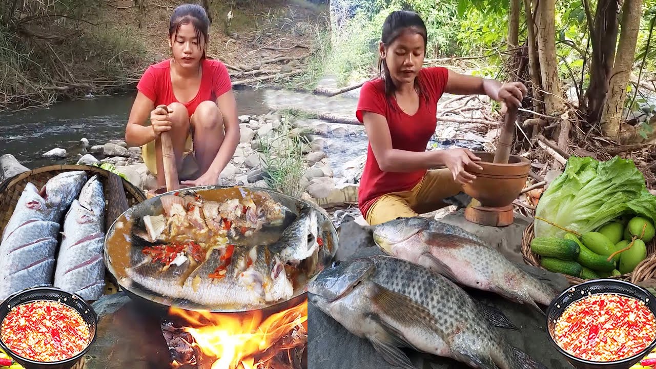Catch and cook fish for survival food, Fish roasted with chili sauce so ...