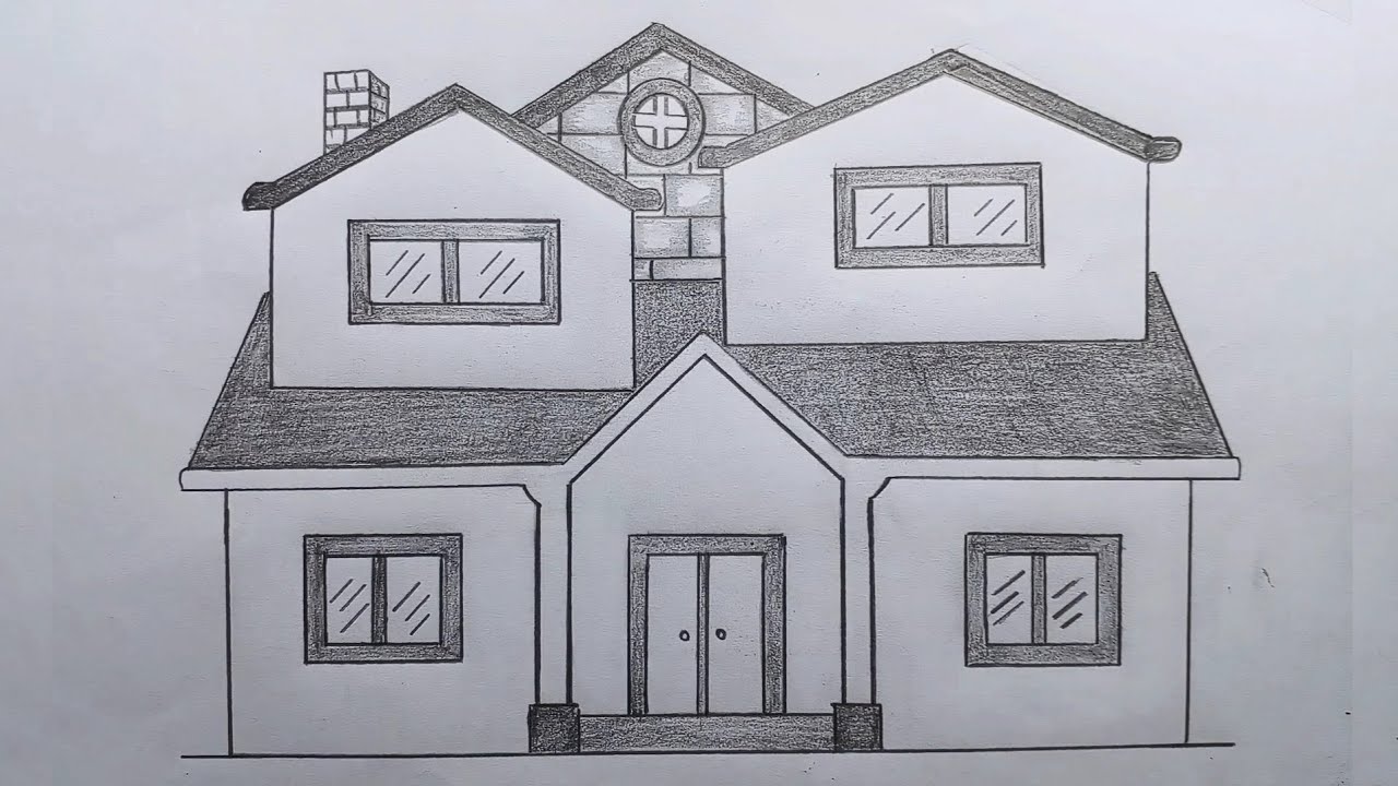 Easy house drawing technique 🏠 | Ghar draw 😘| Two stories building ...