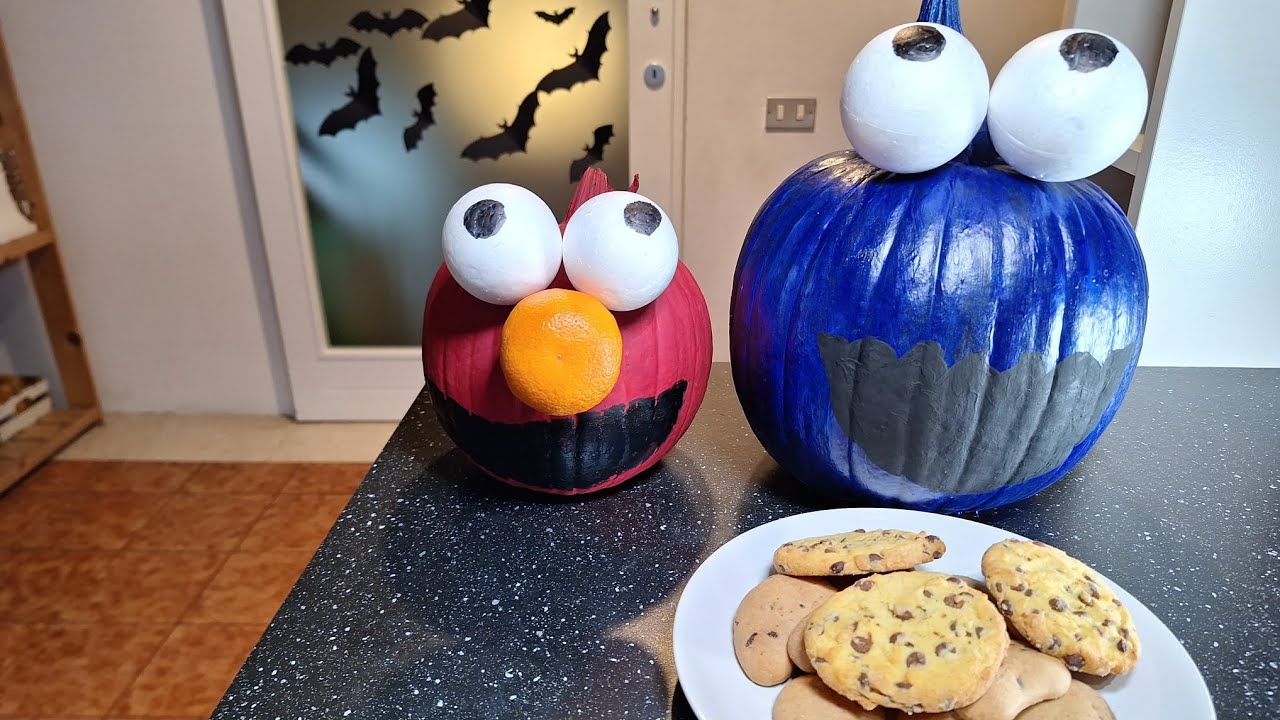 Sesame street Cookie monster and Elmo pumpkin painting. Halloween DIY ...