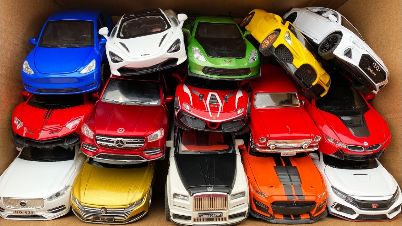 Box full of Diecast Cars, McLaren, Tesla, GRT, Lamborghini, Bugatti ...