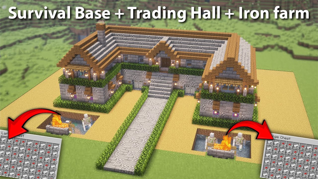 New Survival Base + Trading hall + Iron Farm | Work in Java and Bedrock ...