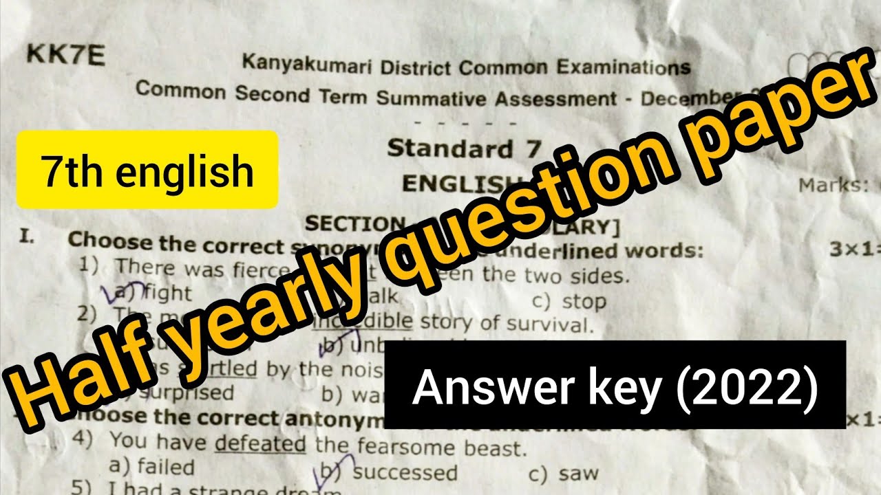 7th std english Half yearly question paper answer key 2022 || Original ...