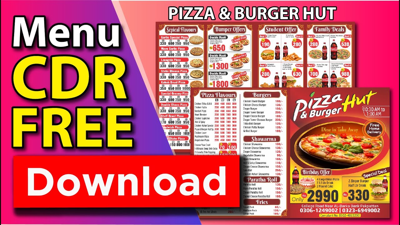 PIZZA & BURGER HUT Fast Food Menu CDR File Free Download | Original CDR ...