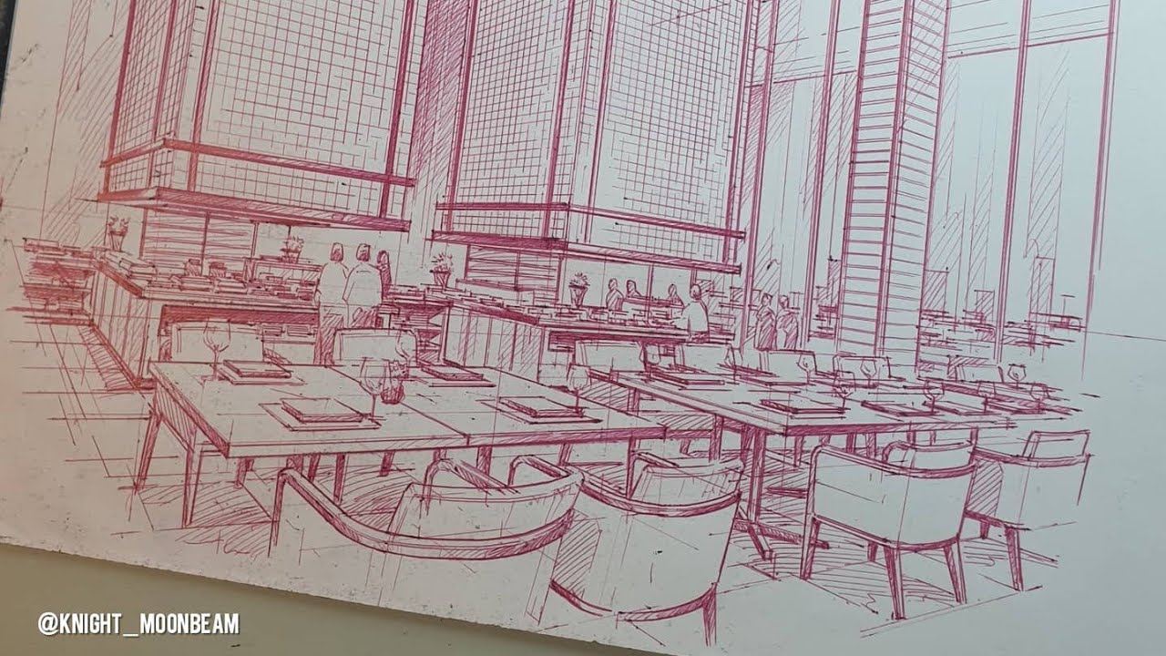 DRAW 2 POINT PERSPECTIVE : Restaurant / วาดรูป perspective 2จุด - YouTube