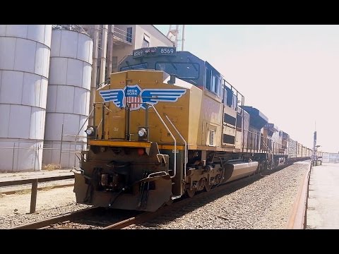 UNION PACIFIC C45AH and C45ACCTE led freighter through downtown Modesto, California (2 of 2 ...