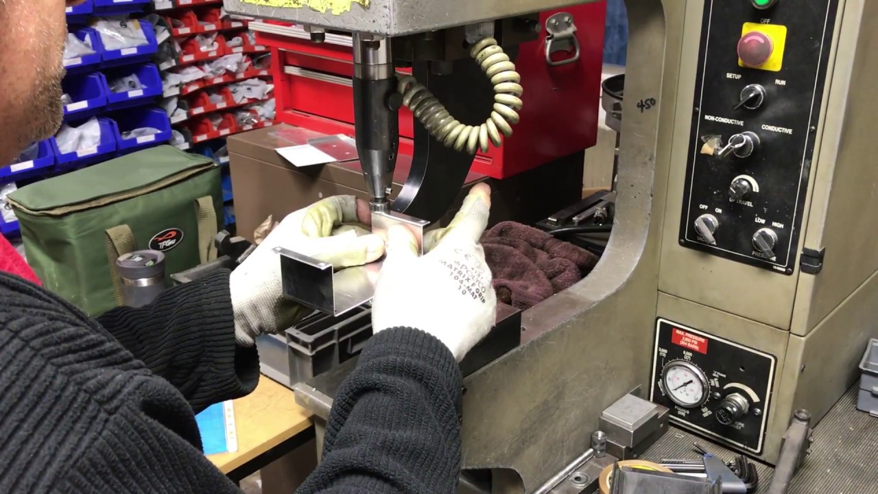 Inserting sheet metal fixings with a Haeger bush inserter machine - YouTube